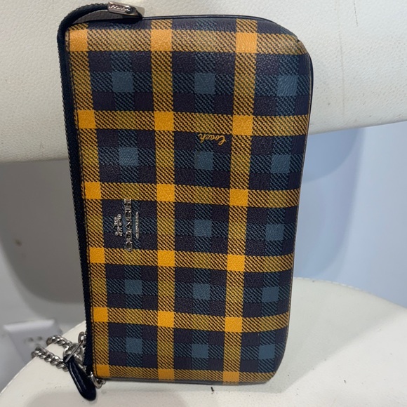 Coach | Bags | Coach Checkered Wallet In Mustard And Navy | Poshmark